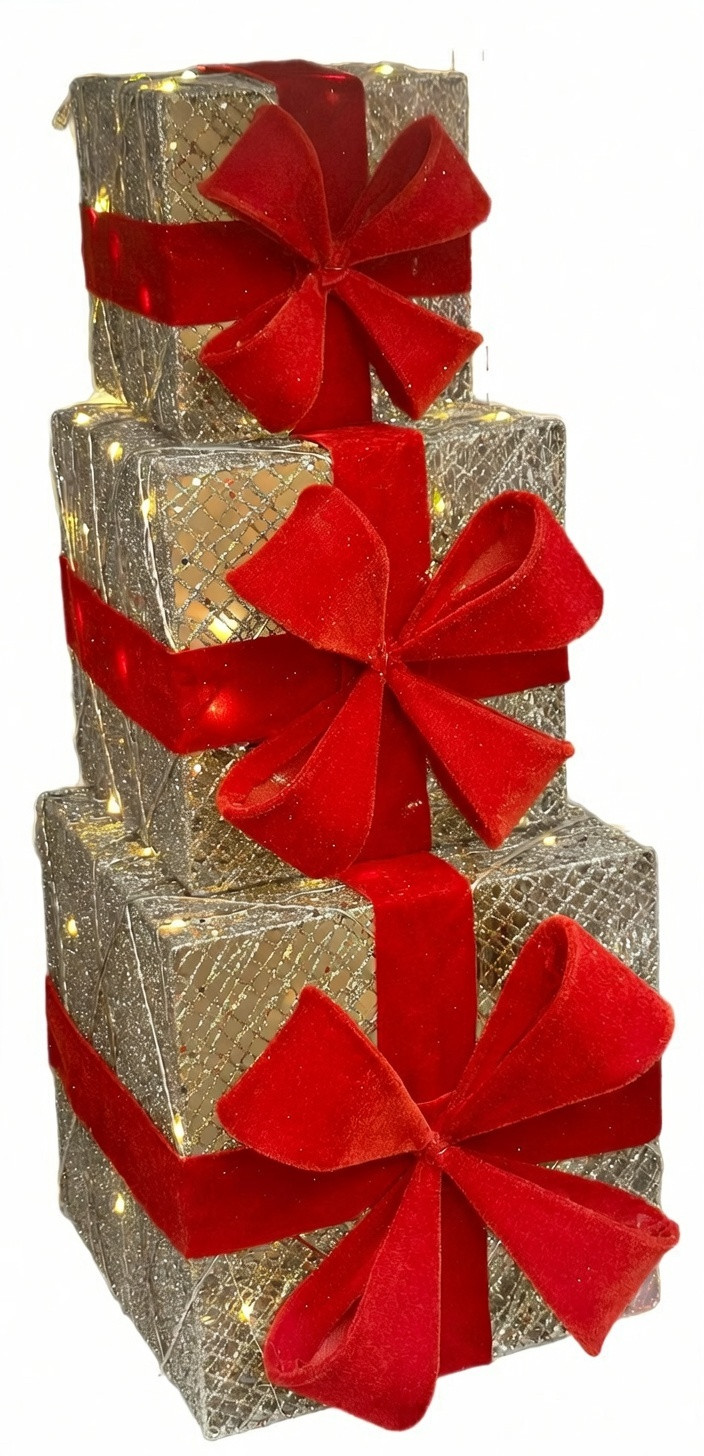 Christmas Gift Boxes - SILVER LIGHT UP PRESENTS (Set Of 3) 40CM X 30CM ...
