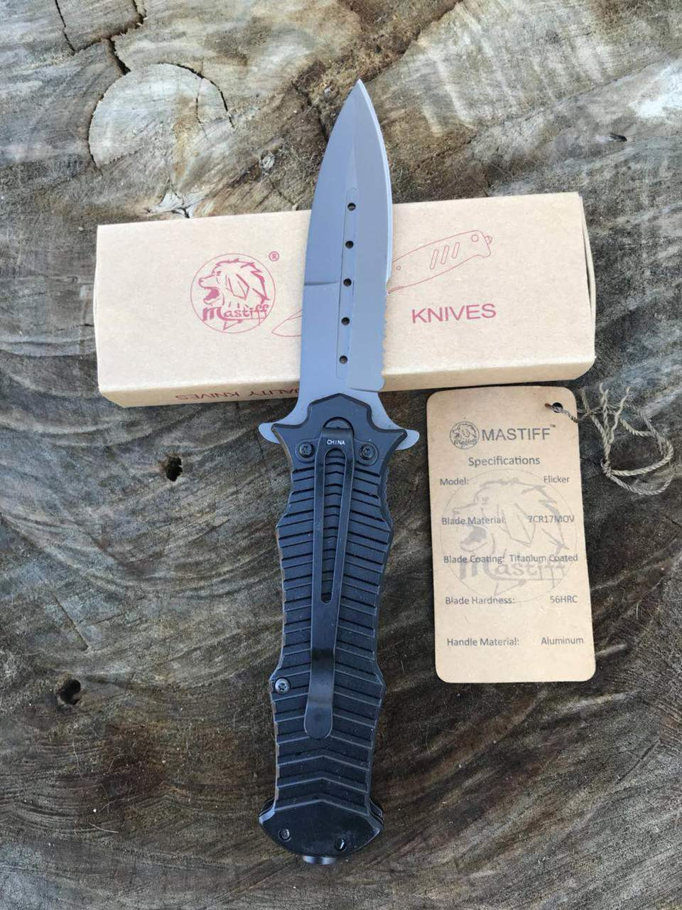 Mastiff Titanium Coated 7CR17MOV Steel Spring Assisted Opening Tactical ...