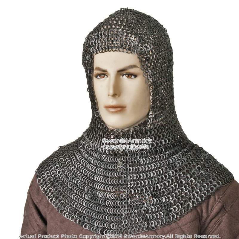 Black Medieval Chainmail Coif Flat Ring Wedge Riveted (Alt) 9mm 18G ...