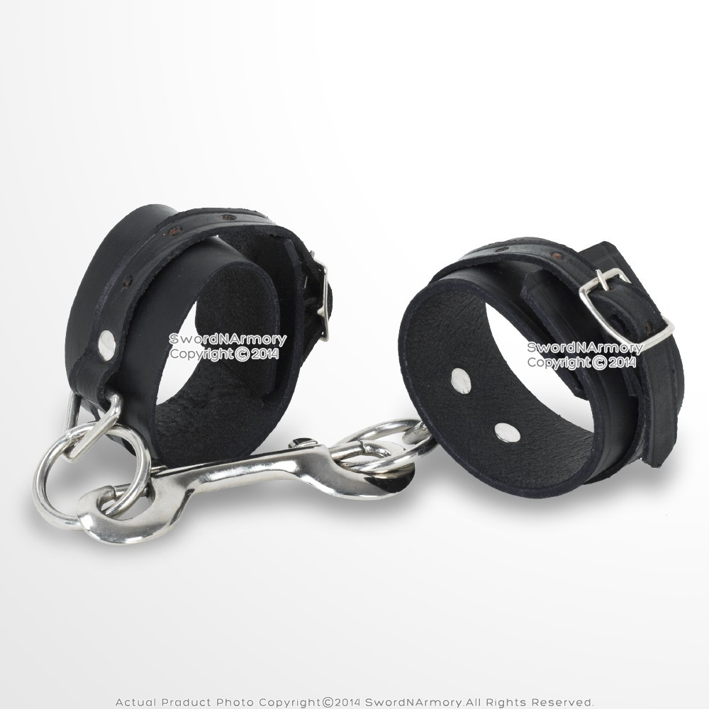 Black Genuine Leather Chain Handcuff with Steel Buckles Wrist Ankle ...