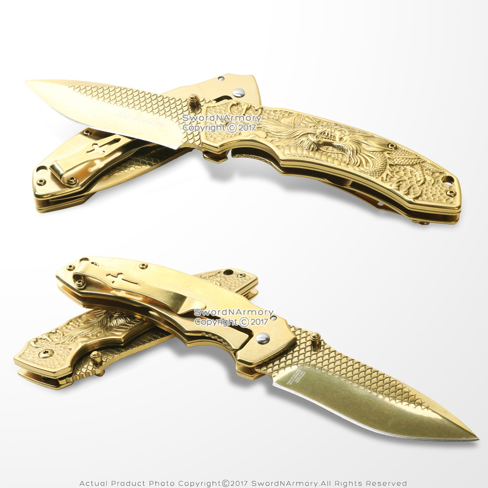 Spring Assisted Opening Folding Pocket Knife Blade Fantasy Dragon Handle