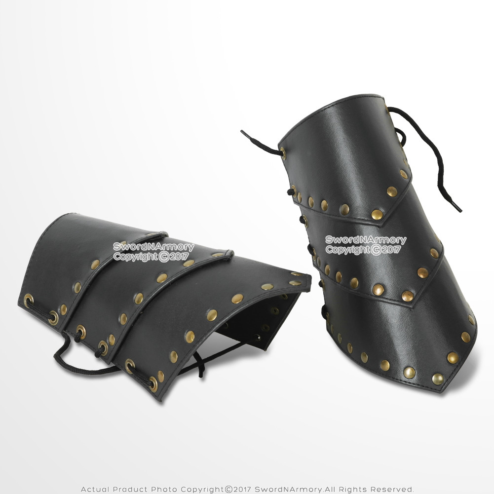 Set of 2 Medieval Black Leather Bracers Tree Archery Arm Guards Cosplay ...