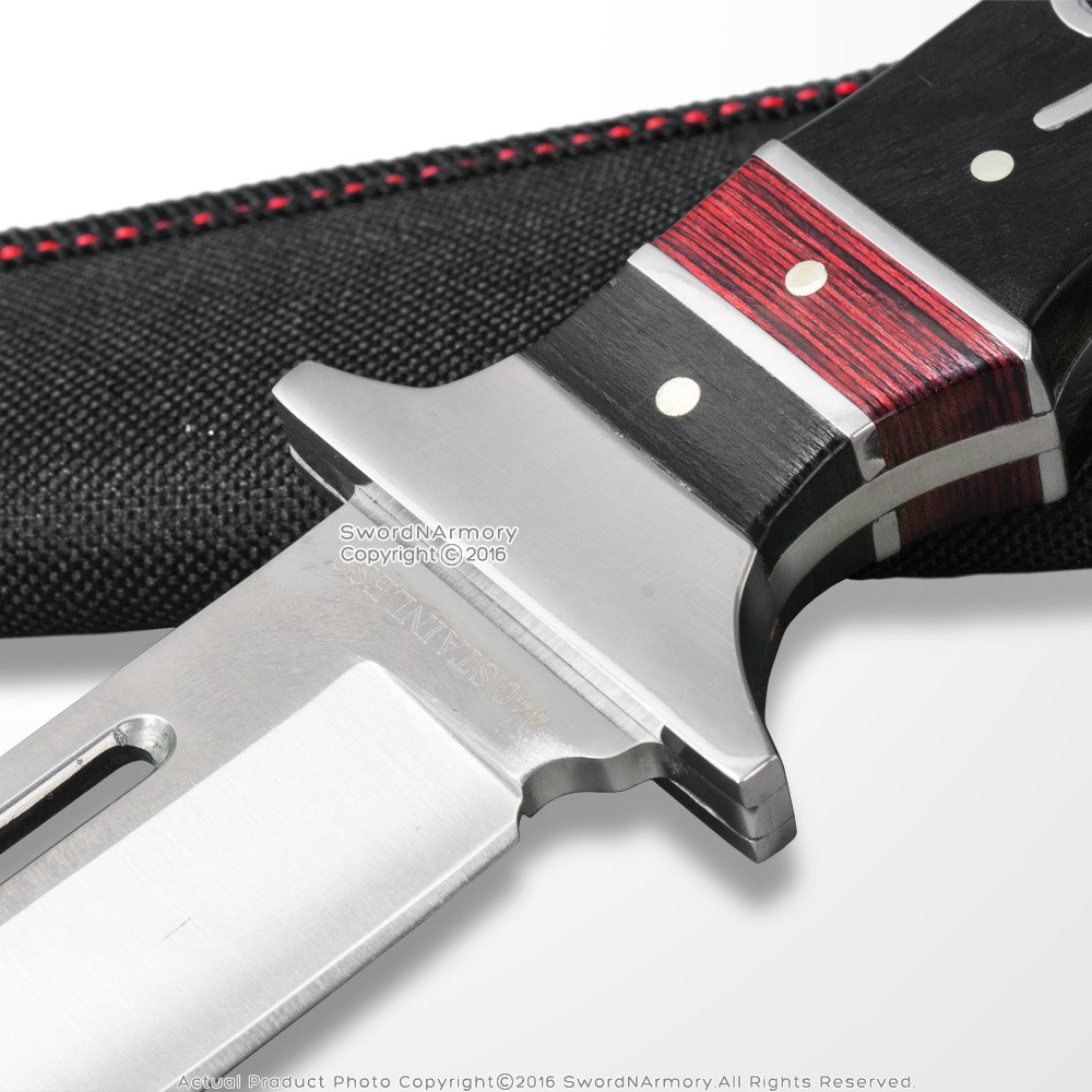 12" Fixed Blade Full Tang Bowie Hunting Knife Red Black Wood Dual Steel ...