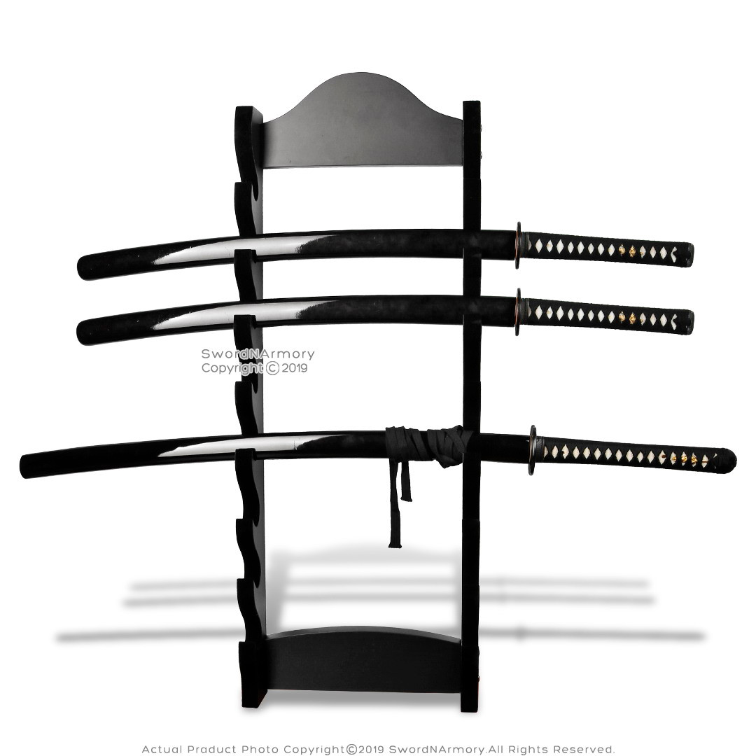 8-Tier Solid Wood Wall Mount Katana Sword Display Rack with Velvet Tiers