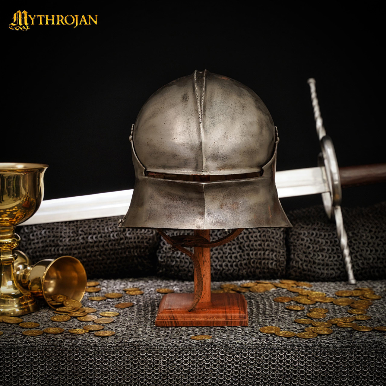 Mythrojan Wooden Helmet Stand Solid Medieval Roman Viking Helmet ...