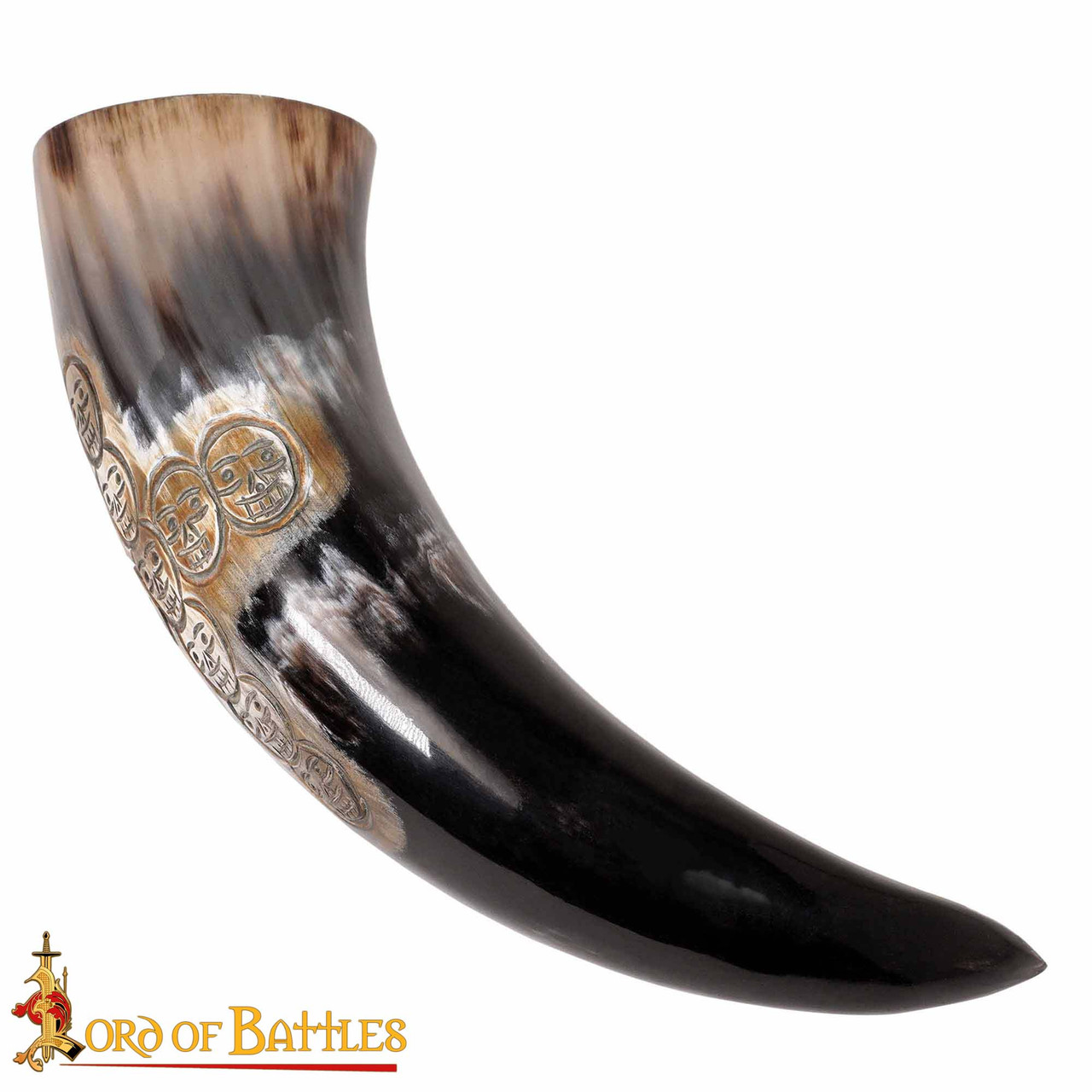 Engraved Skull Cross Drinking Horn Handcrafted from Genuine Ox Horn