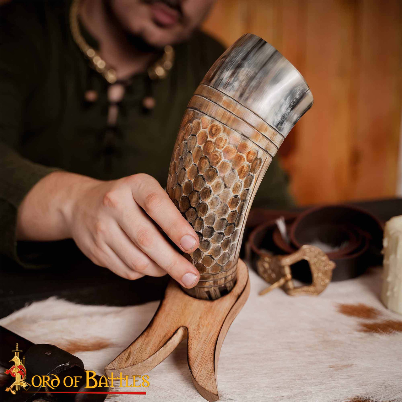 Drinking Horn with Engraved Honeycomb Handcrafted Genuine Ox Horn
