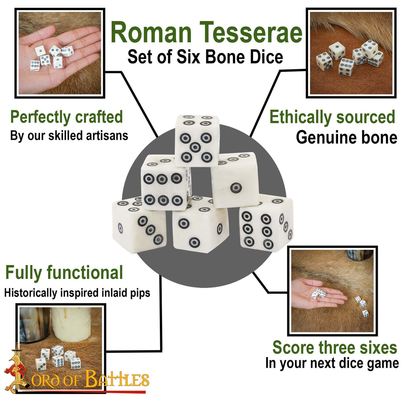 Medieval Viking Dice Set of 6 Handcrafted from Genuine Bone
