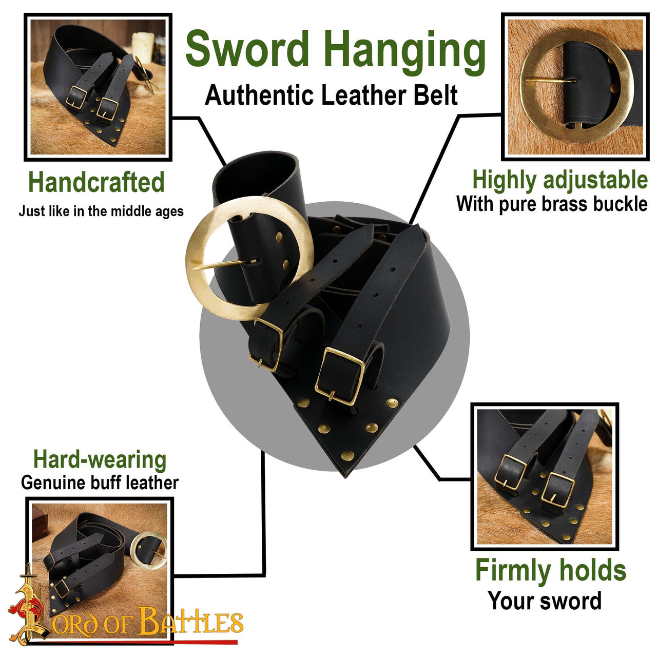 Leather Sword / Weapon Hanging Belt Twin-Buckle Baldric, Black
