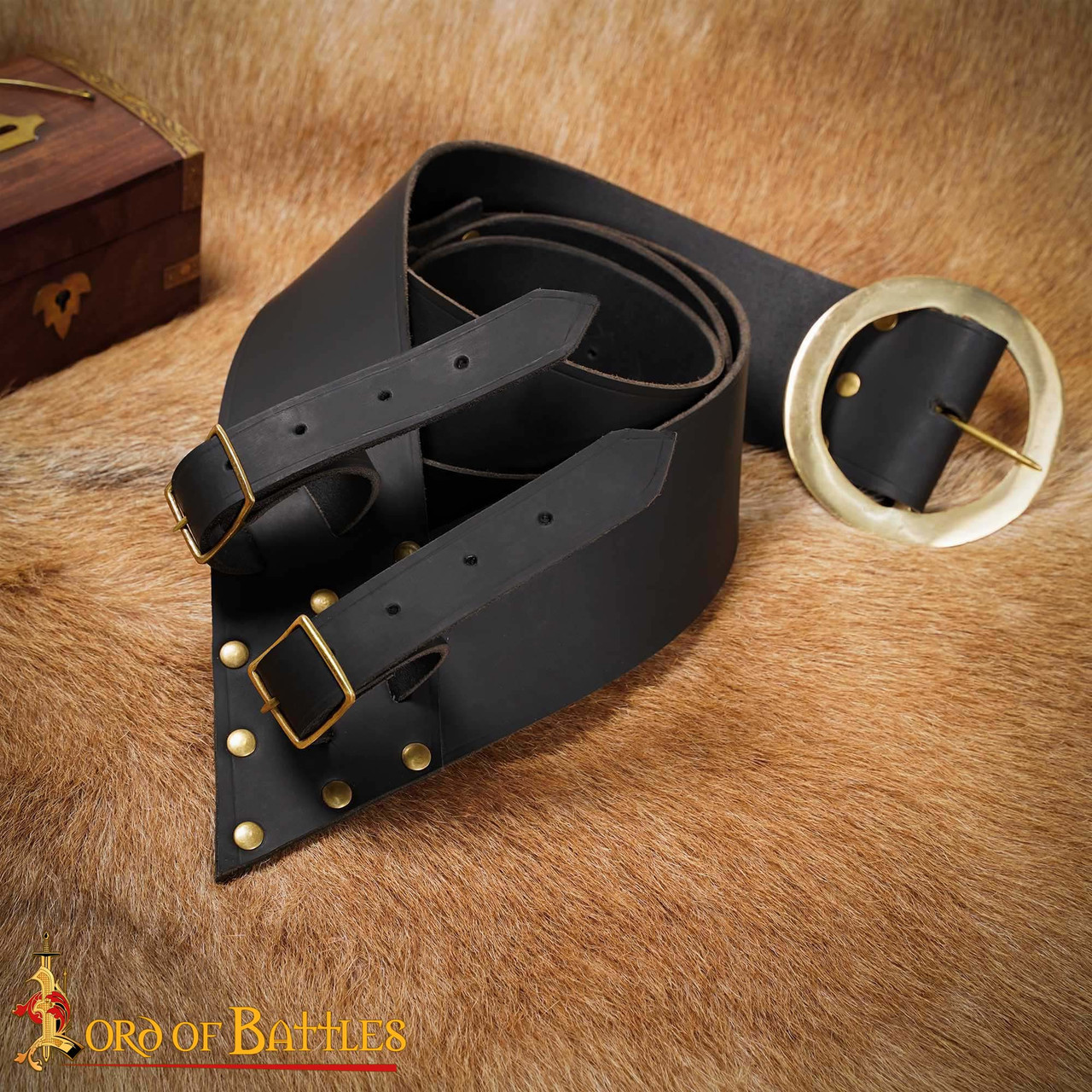 Leather Sword / Weapon Hanging Belt Twin-Buckle Baldric, Black