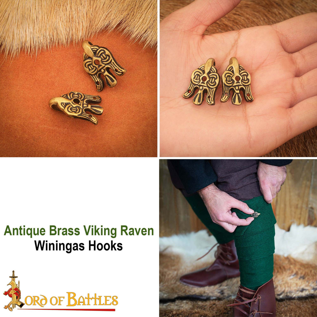 Antique Brass Viking Winingas Raven Hooks Set of 2