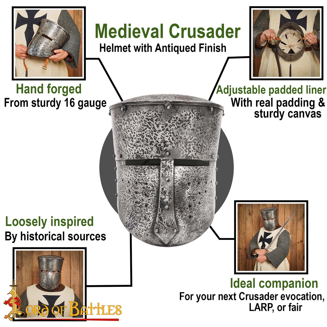 Medieval Crusader Antique Helmet with Padded Liner 16 Gauge