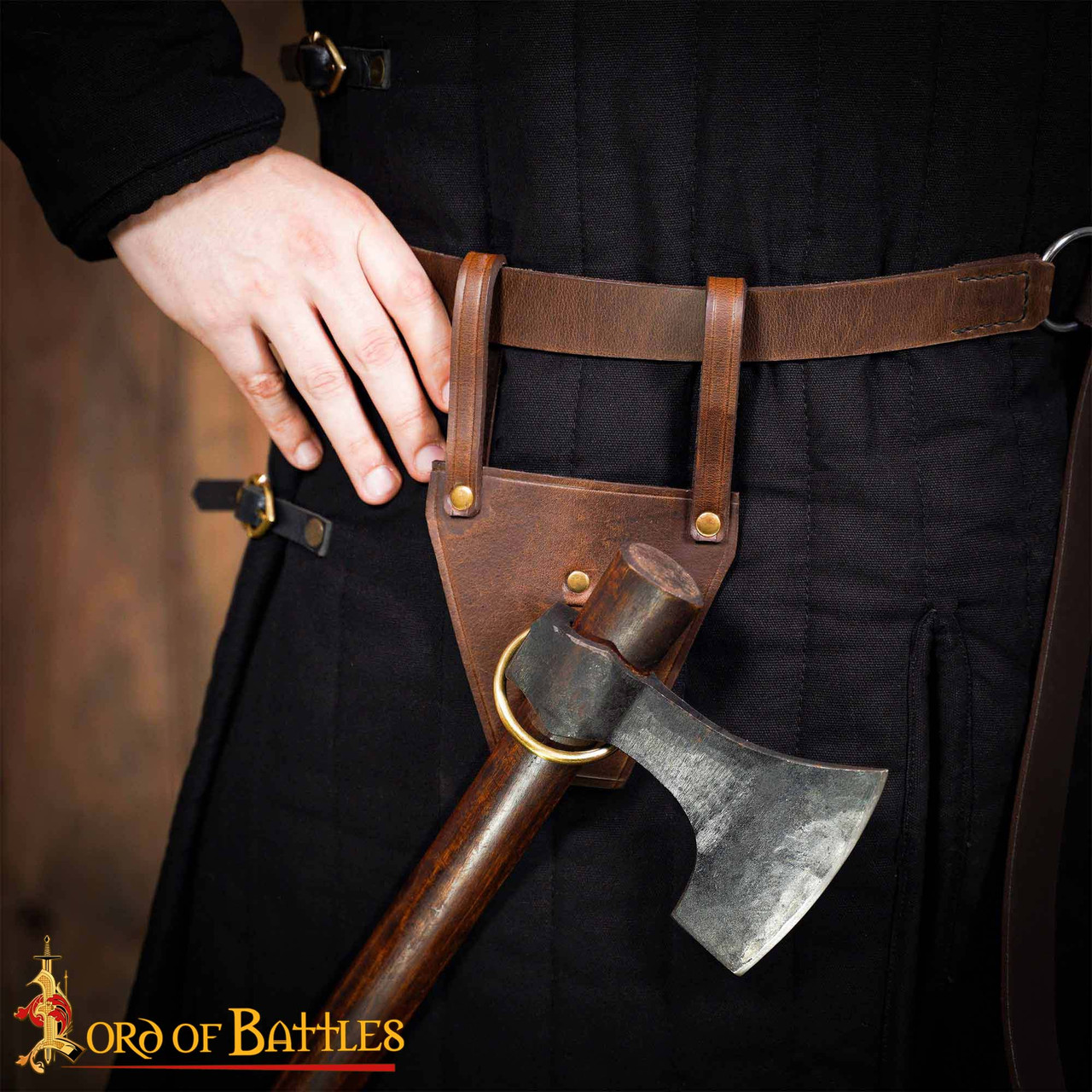 Medieval Leather Axe or Bludgeon Frog with Pure Brass Ring