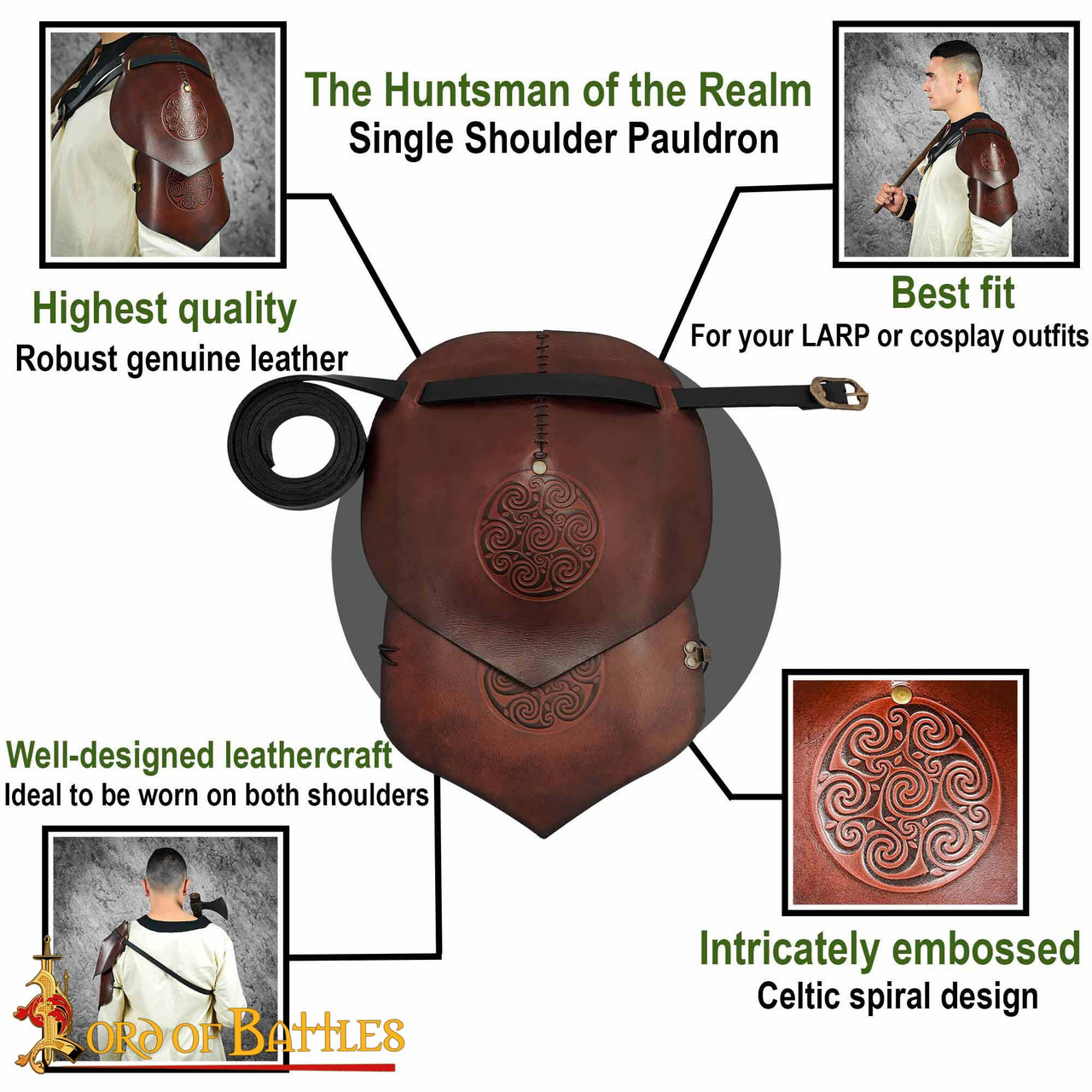 Leather Pauldron with Embossed Celtic Spiral Design