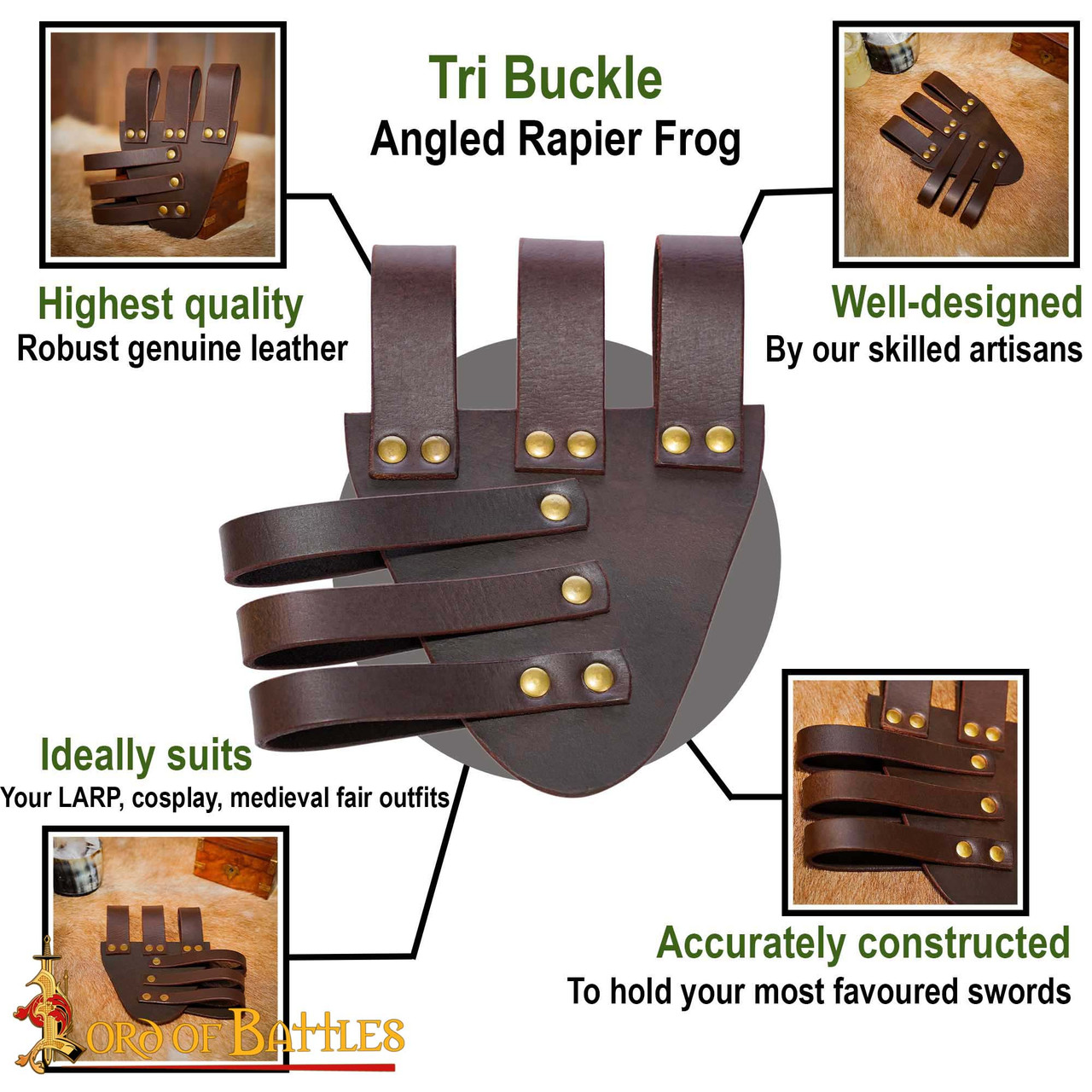 Medieval Angled Tri Buckle Rapier Frog Genuine Leather Frog