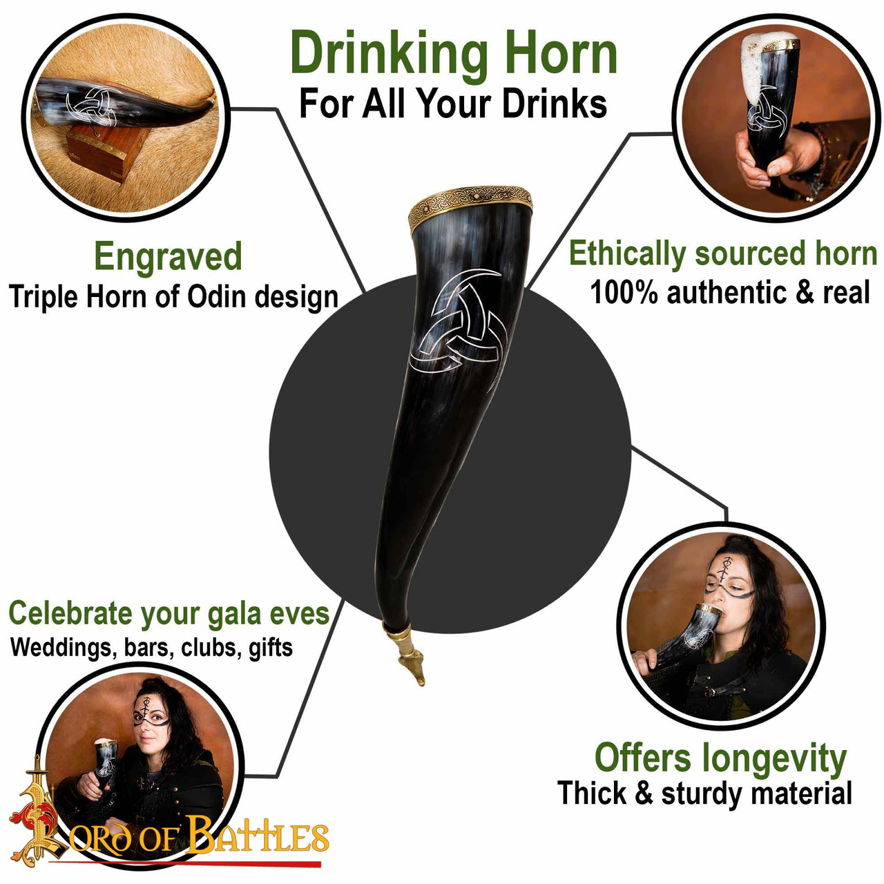 Triple Horns of Odin Drinking Horn With Brass Fittings Real Ox Horn