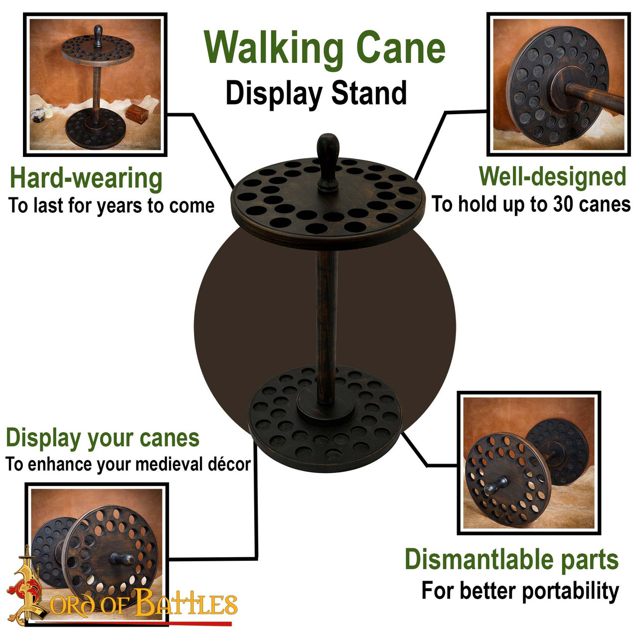 Walking Cane Display Stand Handcrafted from Genuine Hardwood