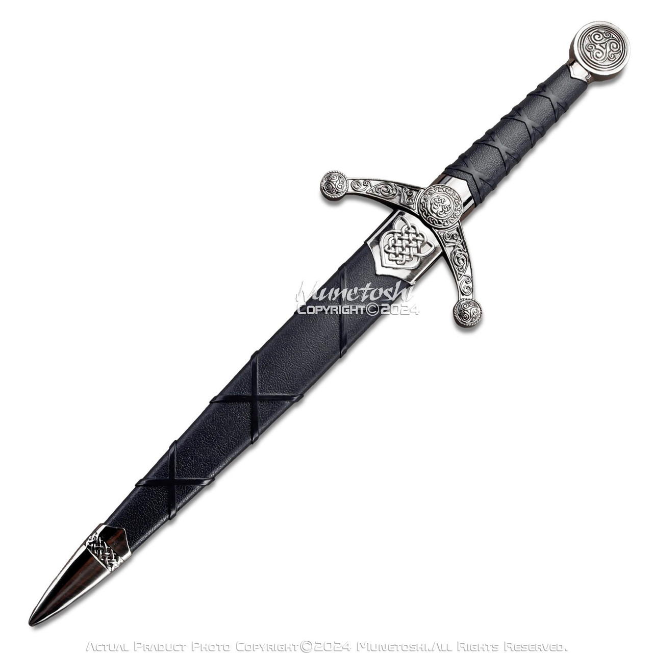 15" Medieval Celtic Dagger w/ Black Leather Wrapped Sheath & Hilt
