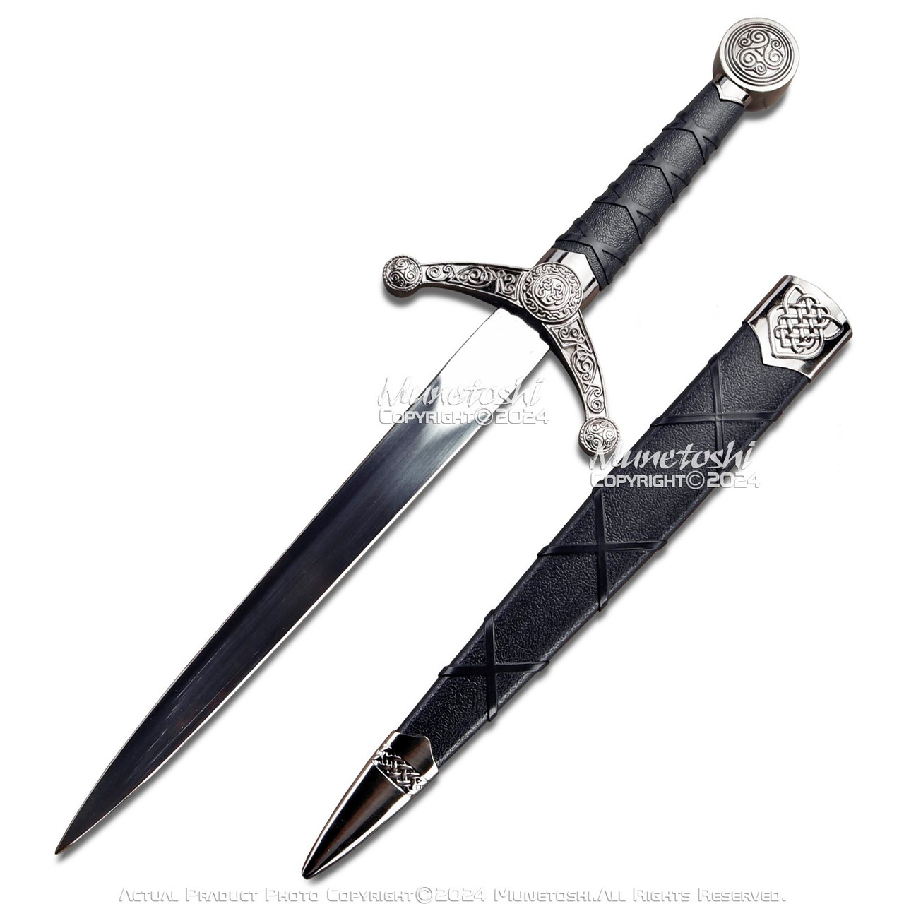 15" Medieval Celtic Dagger w/ Black Leather Wrapped Sheath & Hilt