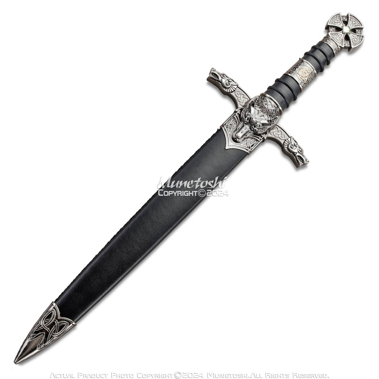 17" Medieval Celtic Dagger w/ Black Leather Wrapped Wolf Head Hilt and ...