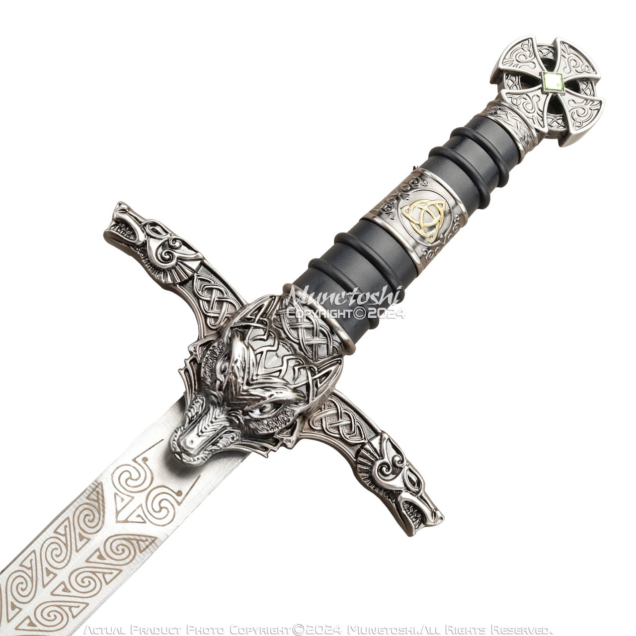 17" Medieval Celtic Dagger w/ Black Leather Wrapped Wolf Head Hilt and ...