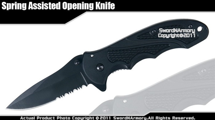 Assisted Opening Black Drop Point Serrated Folder Knife