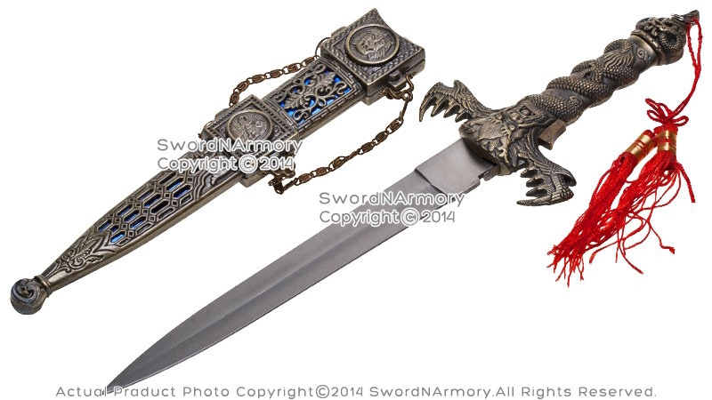 14" Fantasy Dragon Dagger Short Sword with Sheath Belt Loop Red Tassel