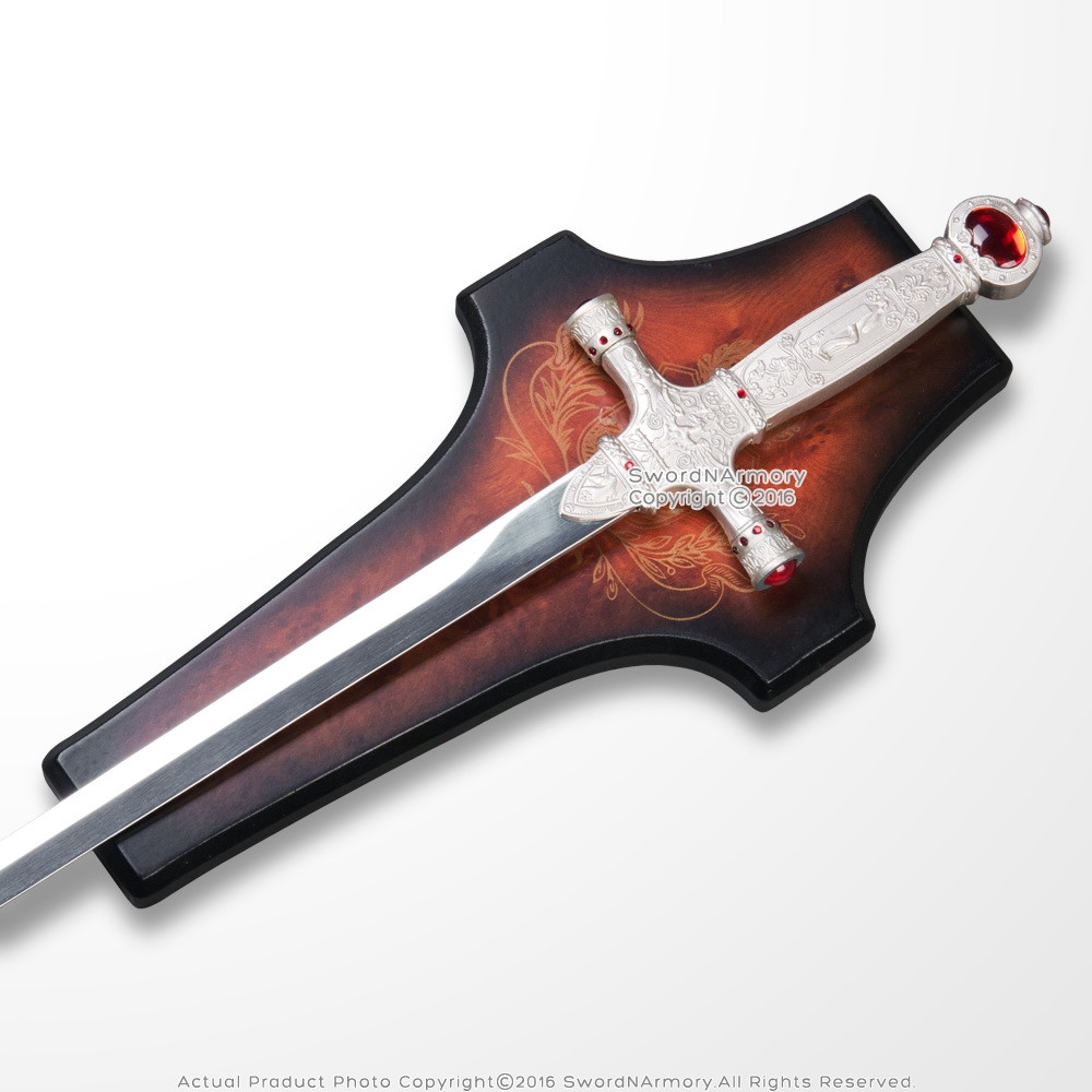 32" Silver Magic Fantasy Sword Stainless Steel Red Ruby with Display Plaque