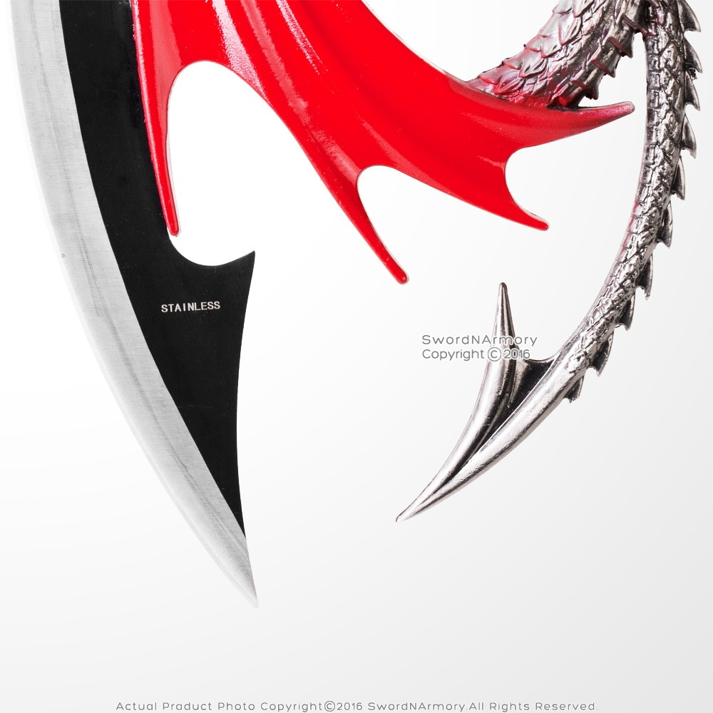 11" Semi Circle Round Red Black Fierce Dragon Dagger Knife Set with Plaque