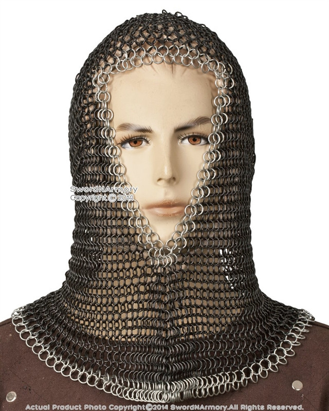 Black & Silver 2 Tone Chainmail Head Coif Hood Medieval Renaissance ...