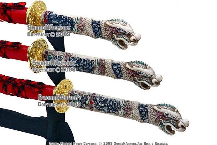 4 Pcs Open Mouth Dragon Samurai Katana Sword Set Red