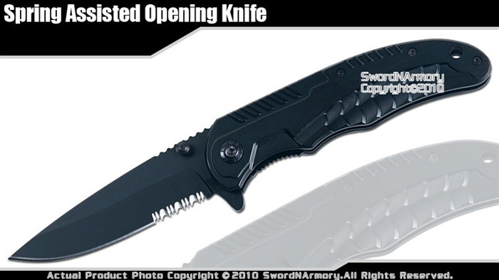 Black Drop Point Serrated Tactical Folder Pocket Knife