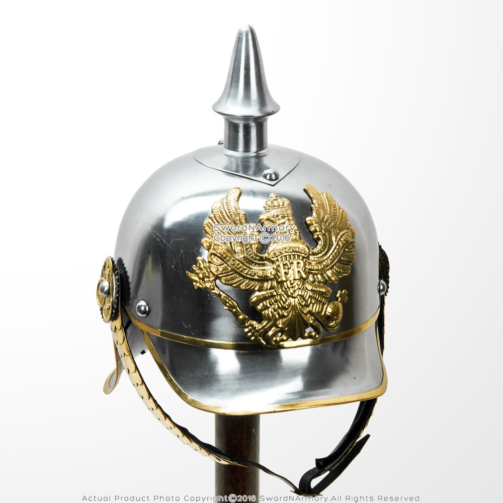 WWI WWII German Pickelhaube Helmet Prussian Officer Spike Helm w/ Brass ...