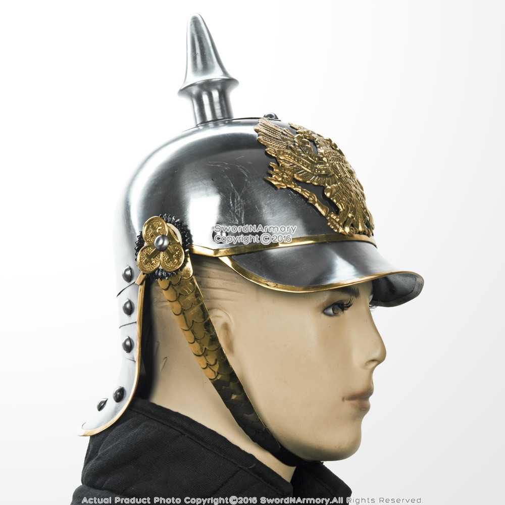 WWI WWII German Pickelhaube Helmet Prussian Officer Spike Helm w/ Brass ...