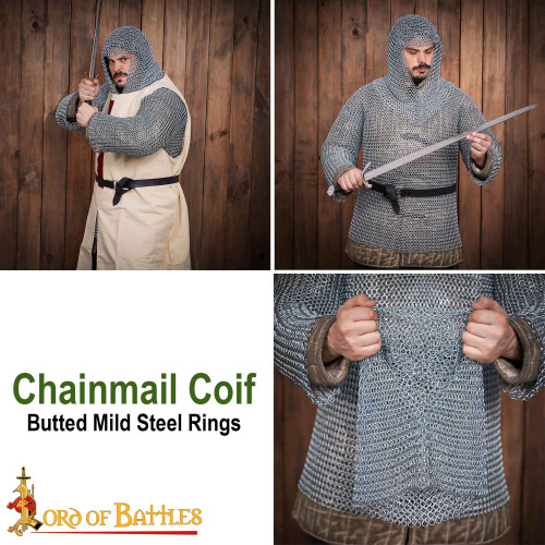 Round Ring Chainmail V Face Coif, Butted, 10 mm 16 gauge, Mild Steel