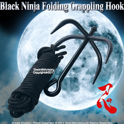 Black Ninja Folding Grappling Hook W/ 33 Foot Rope