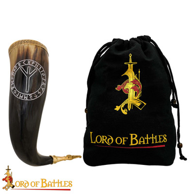 Algiz Protection Rune Drinking Horn With Brass Decoration Genuine Ox Horn