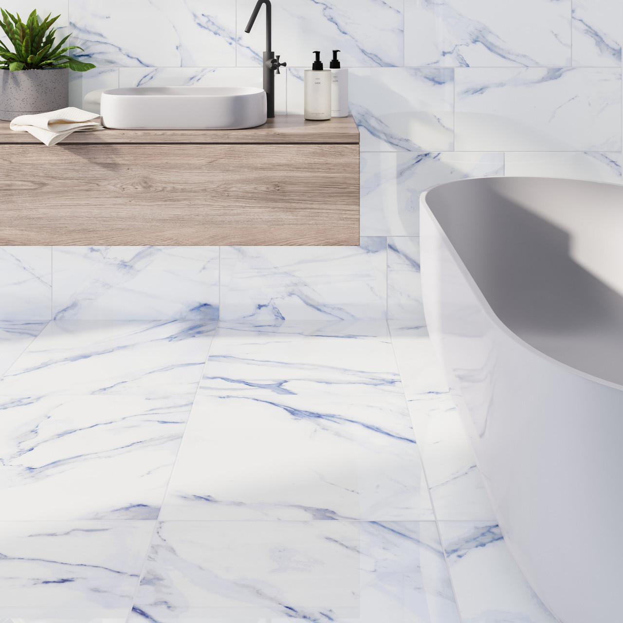 Apollo Blue Calacatta Marble Effect Tiles 60x60cm | Tile Warehouse