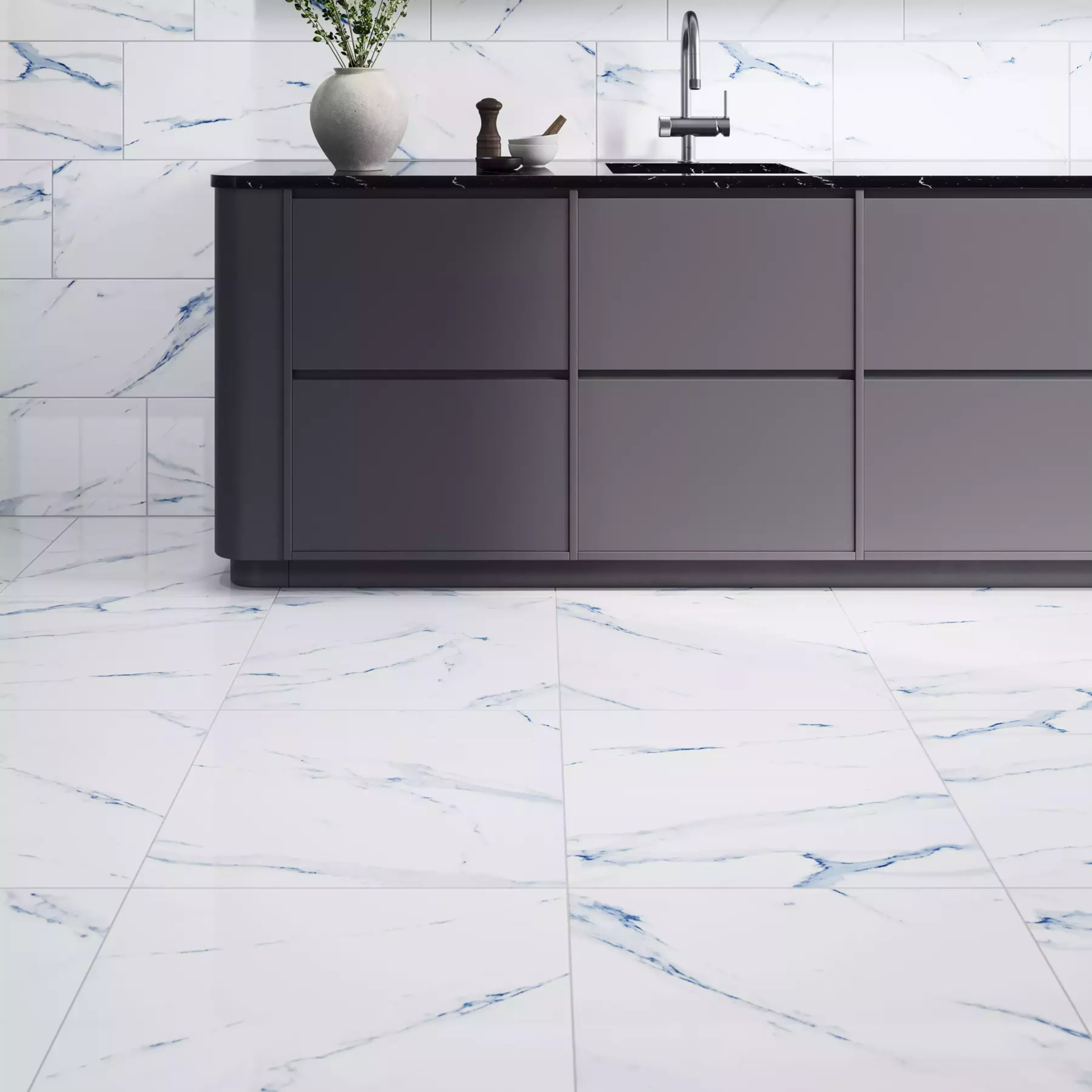Apollo Blue Calacatta Marble Effect Tiles 60x60cm | Tile Warehouse