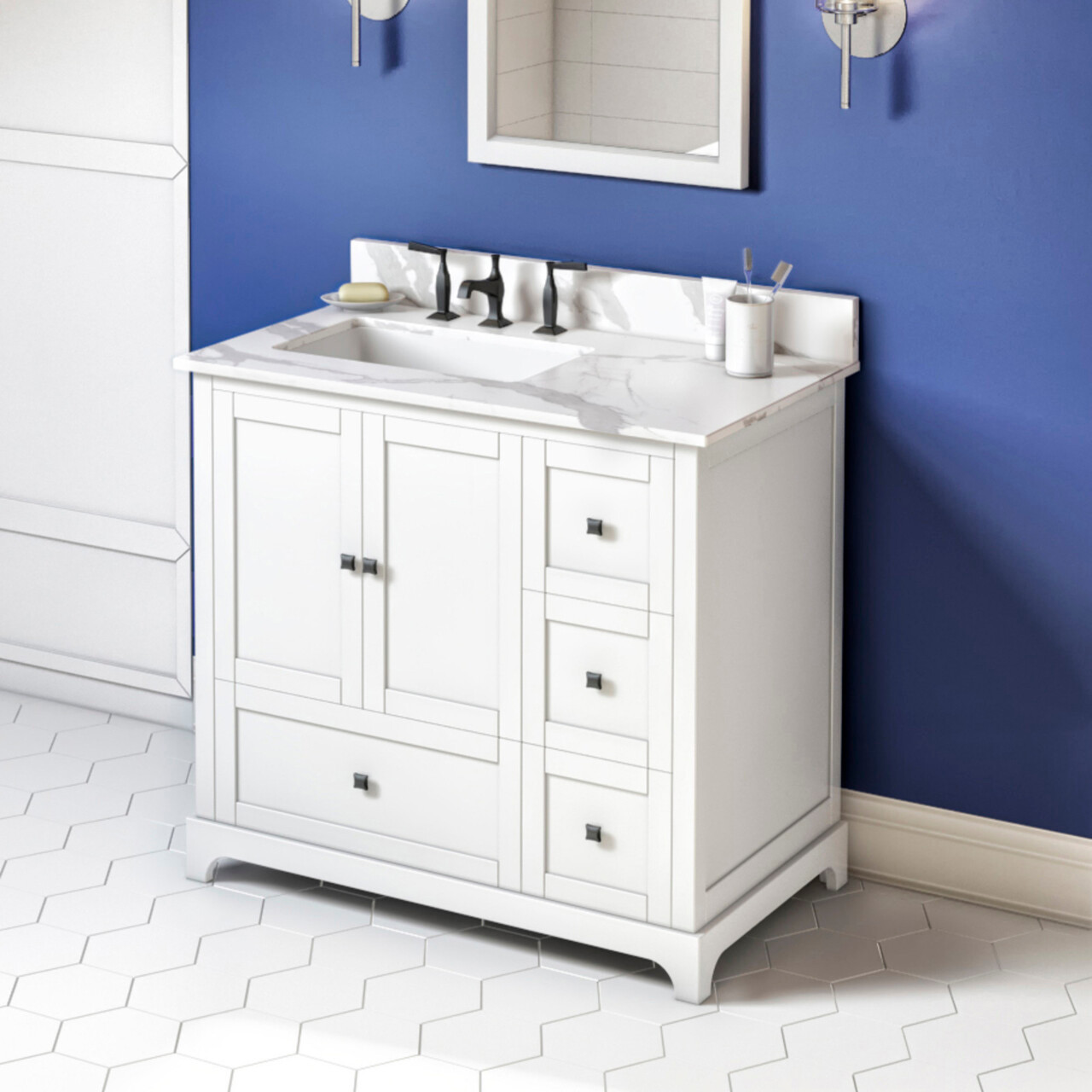 Jeffrey Alexander 36" White Addington Vanity, Left Offset, Calacatta ...