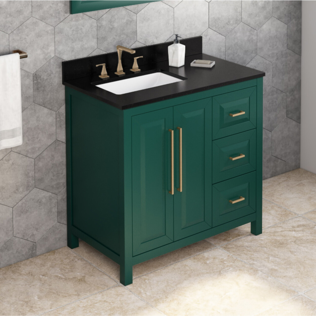 Jeffrey Alexander 36" Forest Green Cade Vanity, Left Offset, Black ...