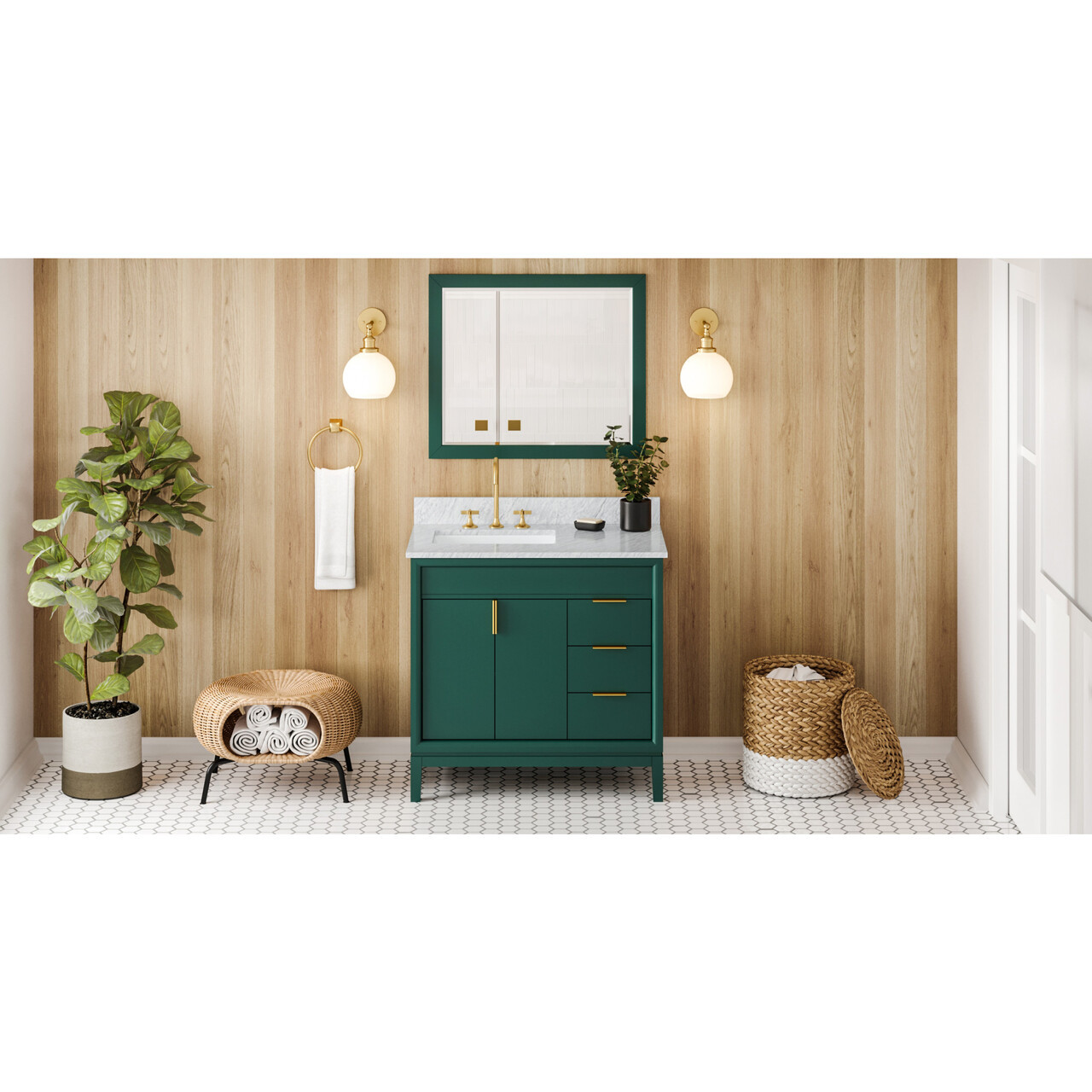Jeffrey Alexander 36" Forest Green Theodora Vanity, Left Offset, White ...