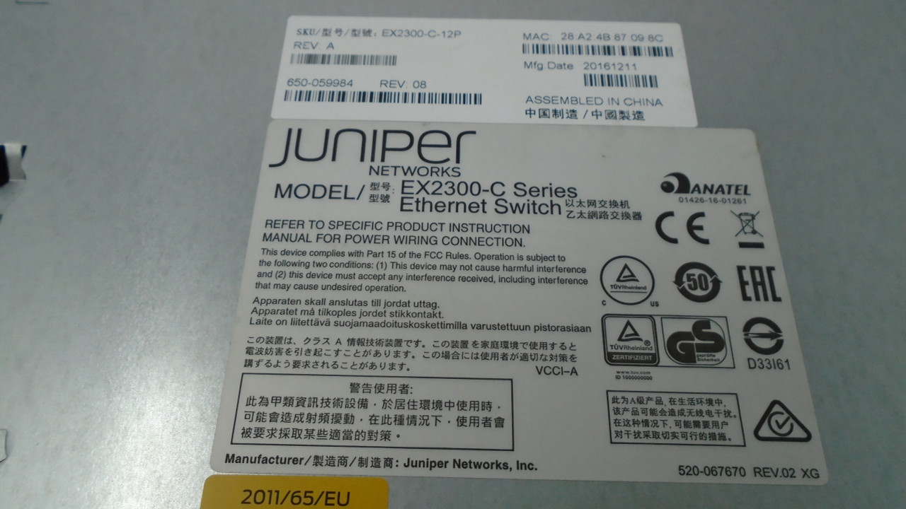 JUNIPER NETWORKS, EX2300-C-12P REV A, 650-059984 REV 08, Ethernet Switch - Mountainview-tech.com