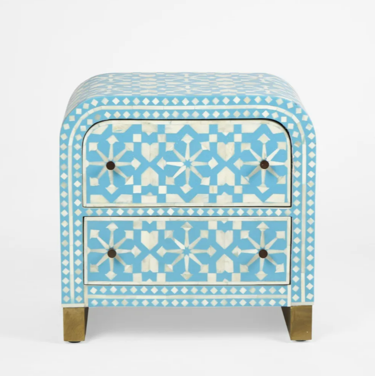Adina Bone Inlay Bedside Table Aqua/White