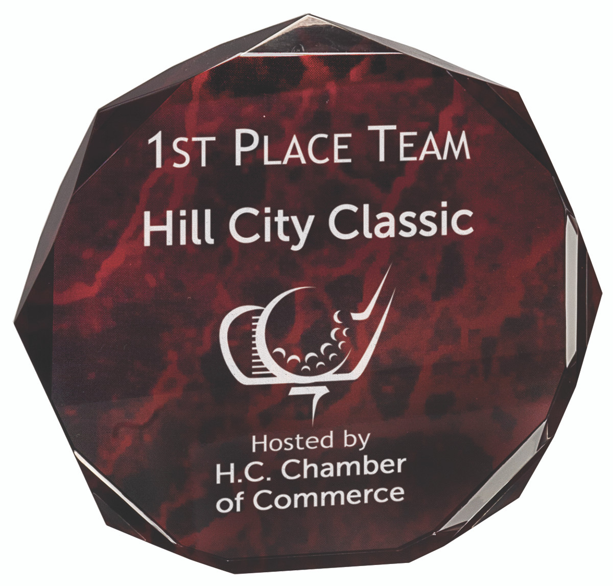Faceted Round Acrylic Award with Red Marble Backdrop 125 - Engrave Tech