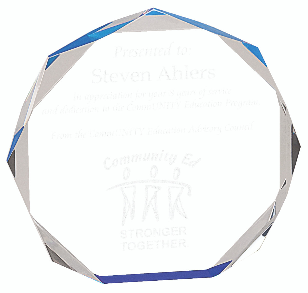 Faceted Round Acrylic Award with Blue Bottom Edge 130 - Engrave Tech