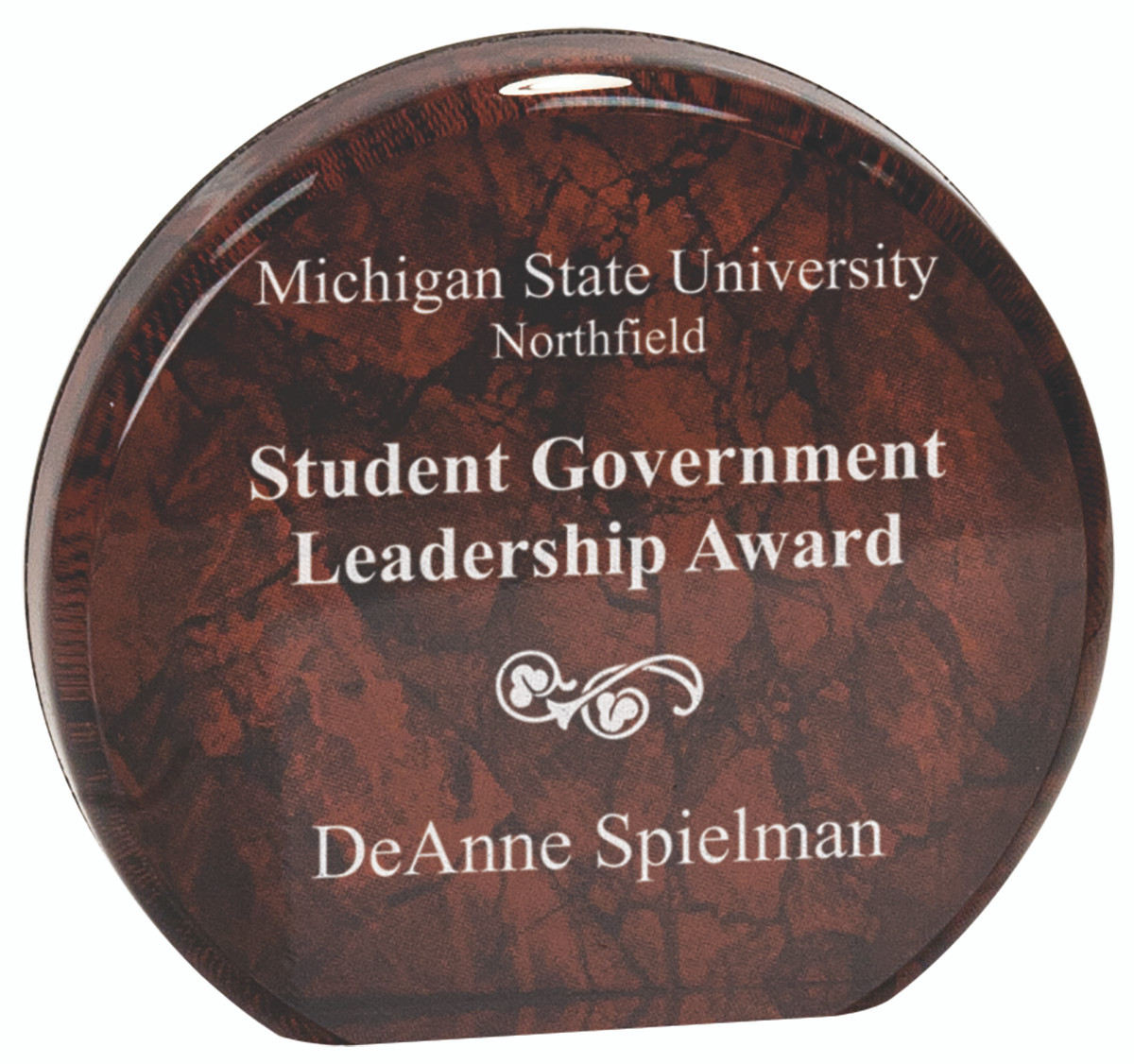 Round Clear Acrylic Award with Red Marble Backdrop 147 - Engrave Tech