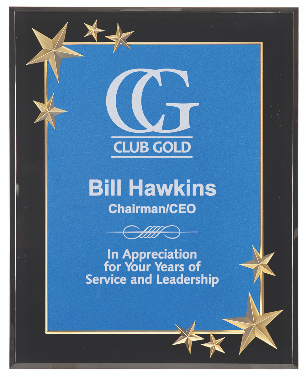 Blue Plaque with Black Acrylic Backdrop with Gold Stars 300 - Engrave Tech