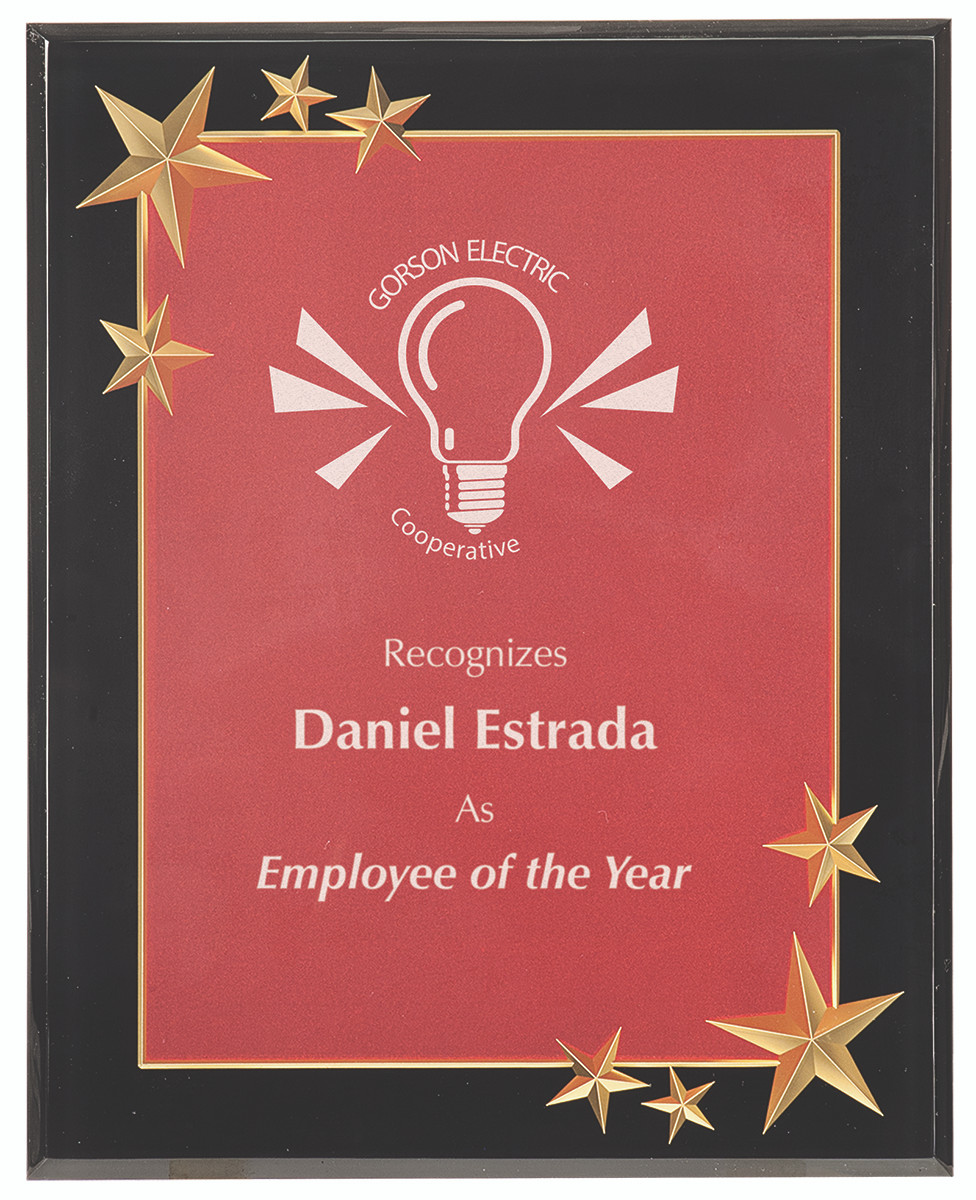 Red Plaque with Black Acrylic Backdrop with Gold Stars 303 - Engrave Tech
