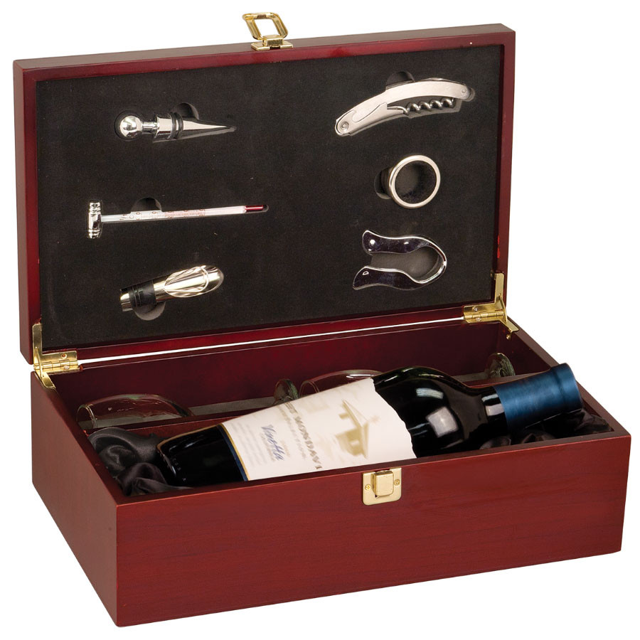 Rosewood Bottle Case Wine Serving Kit w/ Glasses - Engrave Tech